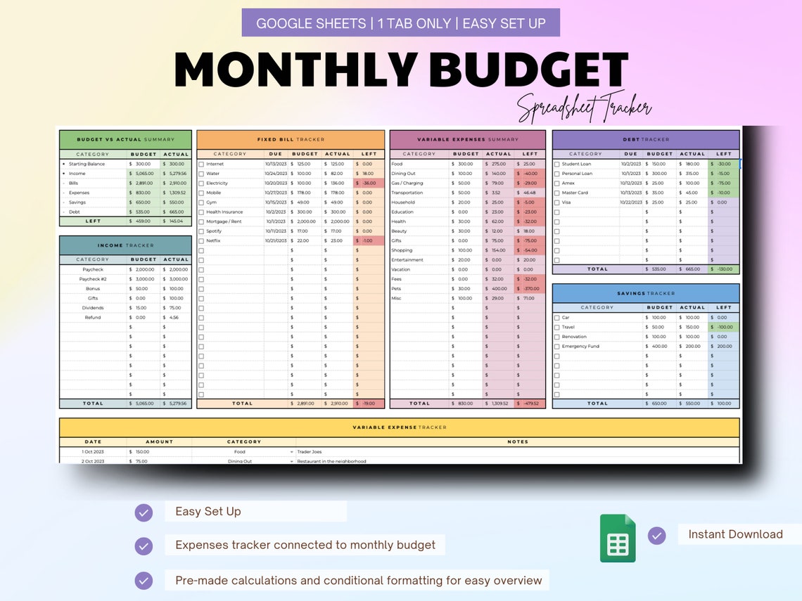 Simple Monthly Budget Tracker for Google Sheets, Budget Template ...