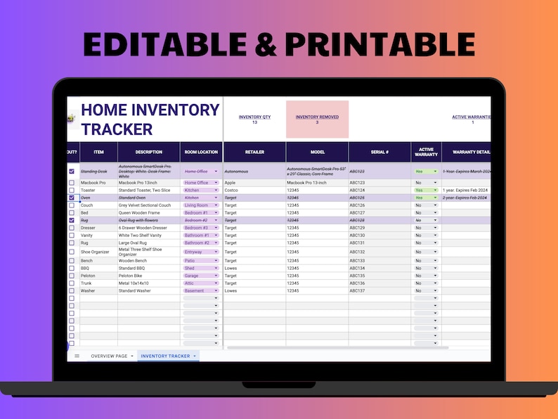 Home Inventory Spreadsheet, Home Inventory Checklist, Home Inventory ...