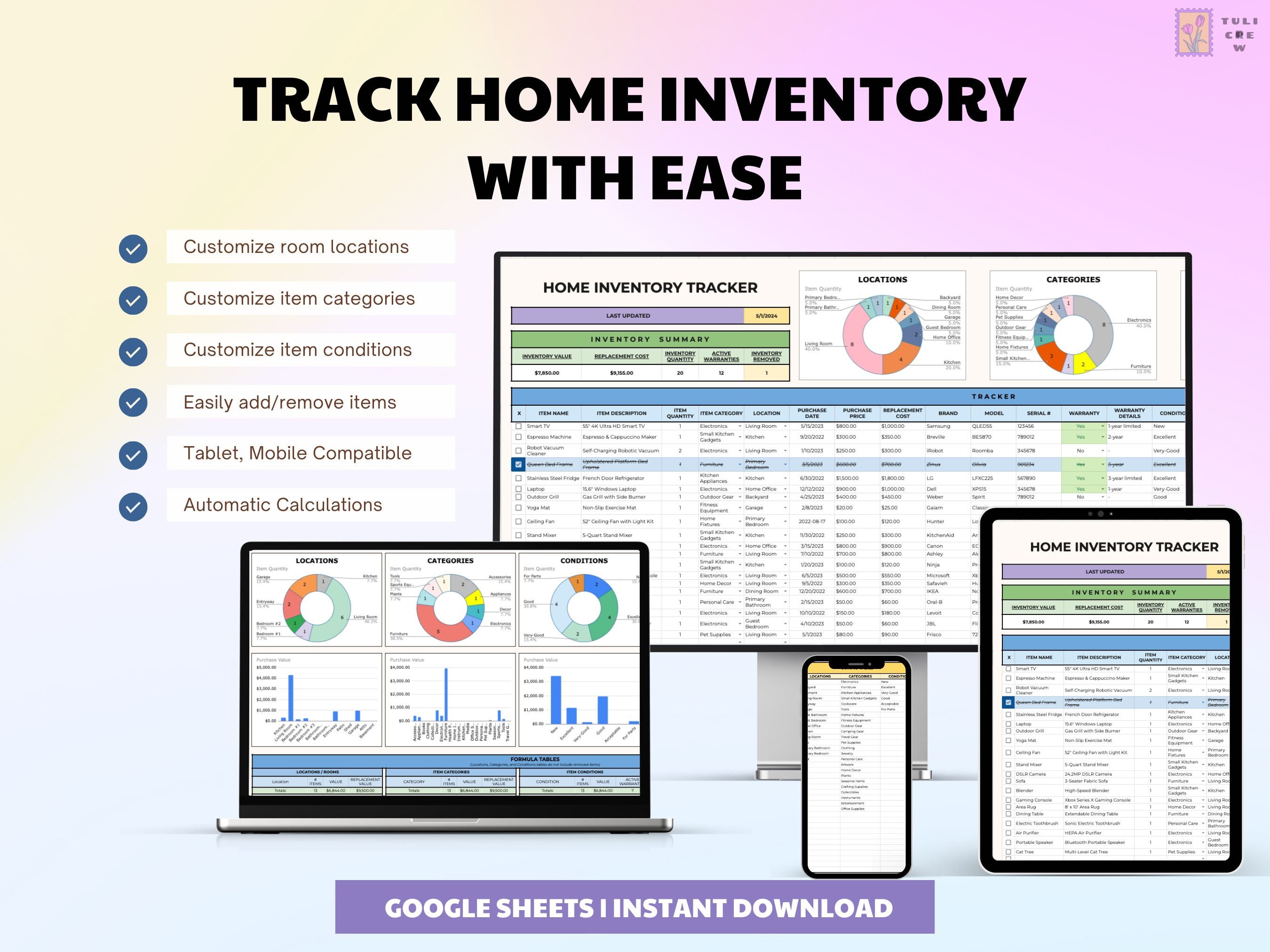 Home Inventory Spreadsheet, Home Inventory Checklist, Home Inventory ...