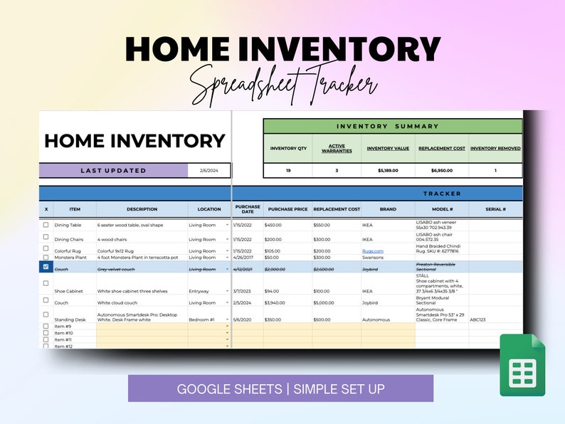 Home Inventory Spreadsheet, Home Inventory Checklist, Home Inventory ...