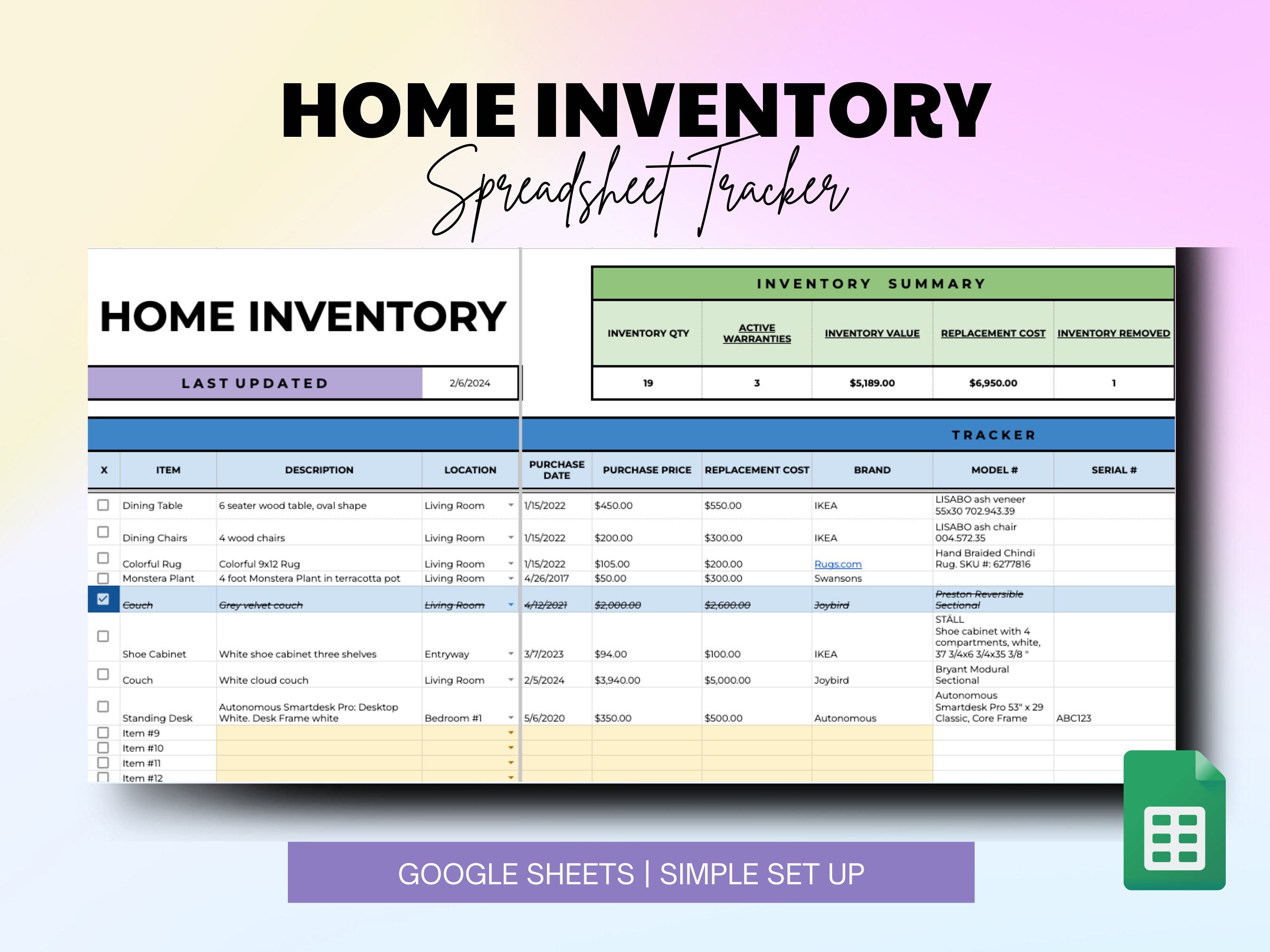 Home Inventory Spreadsheet, Home Inventory Checklist, Home Inventory ...