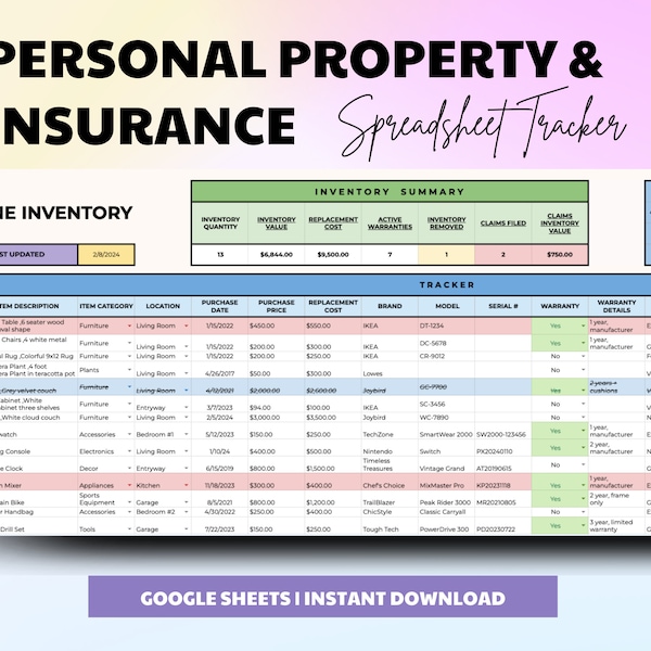 Property Inventory Spreadsheet - Etsy