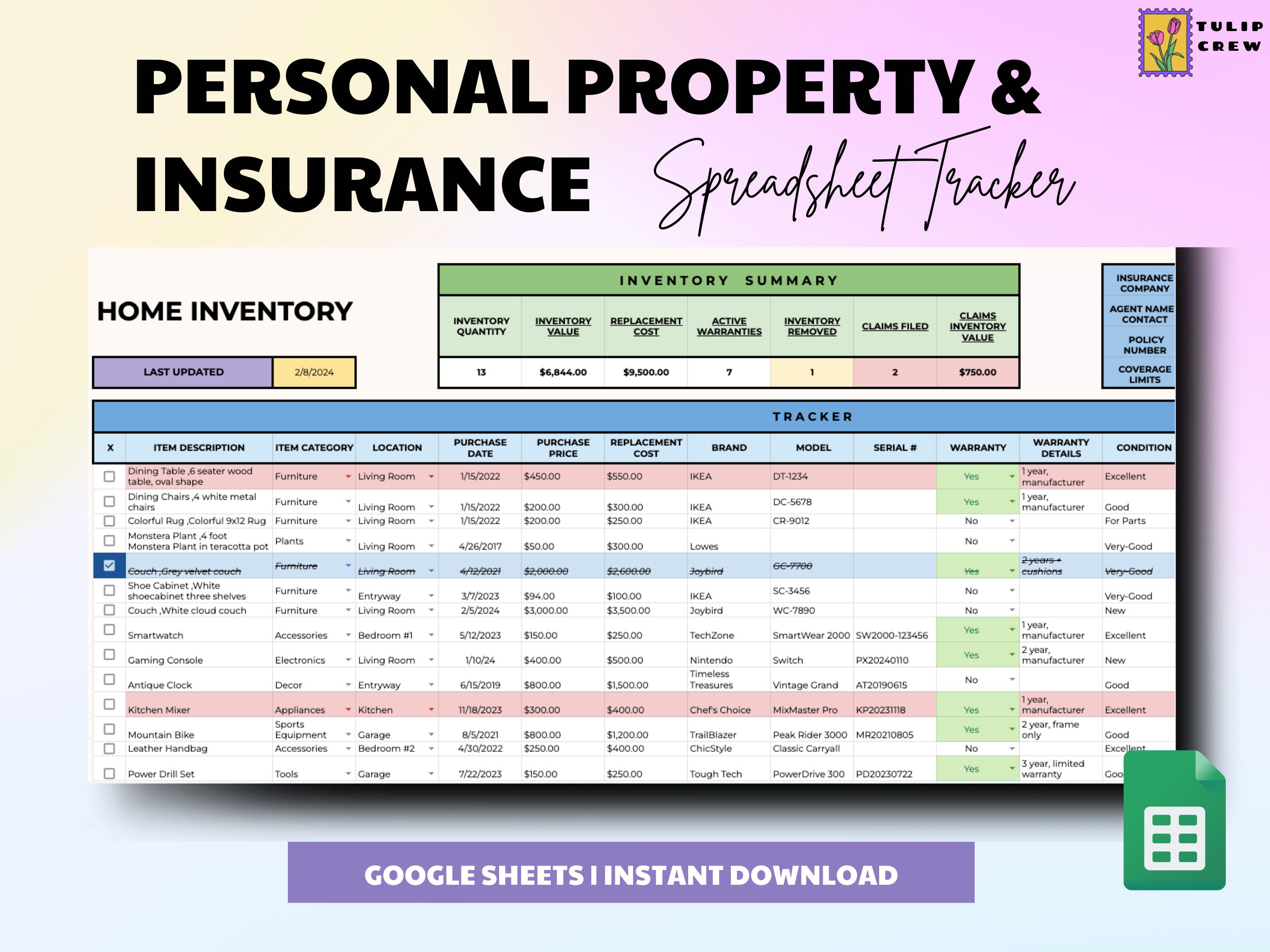 Personal Property Insurance Tracker, Personal Property Spreadsheet ...