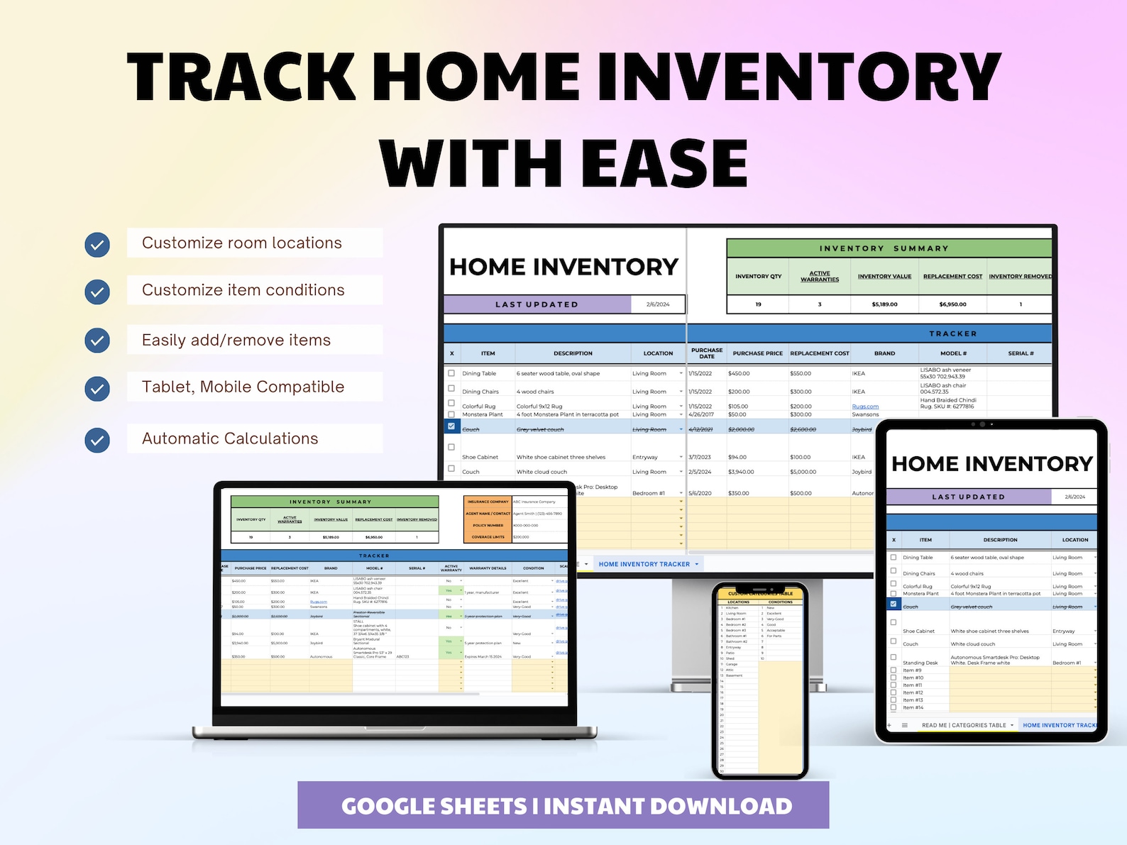 Home Inventory Spreadsheet, Home Inventory Checklist, Home Inventory ...