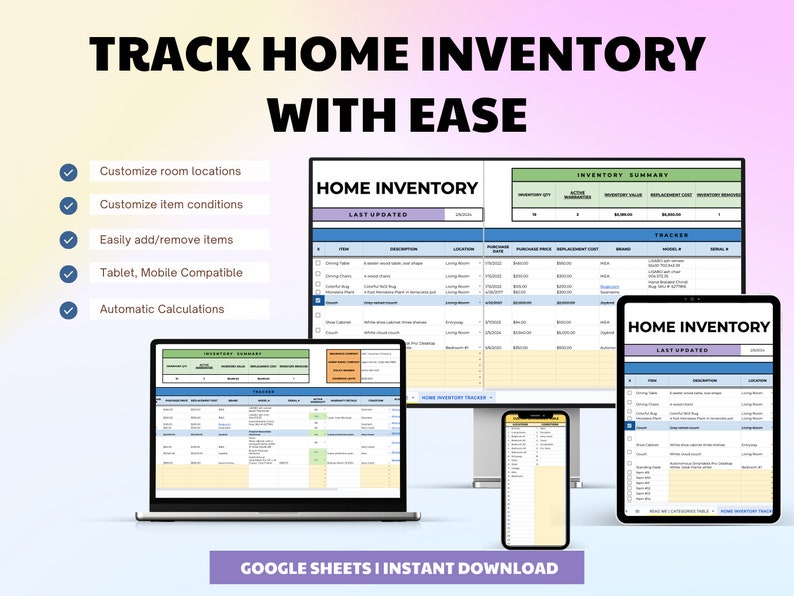 Home Inventory Spreadsheet, Home Inventory Checklist, Home Inventory ...