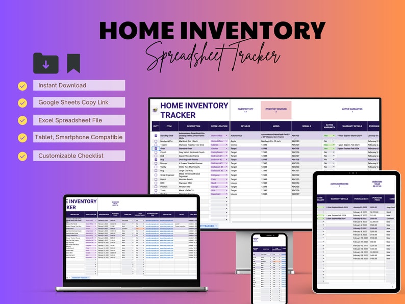 Home Inventory Spreadsheet, Home Inventory Checklist, Home Inventory ...