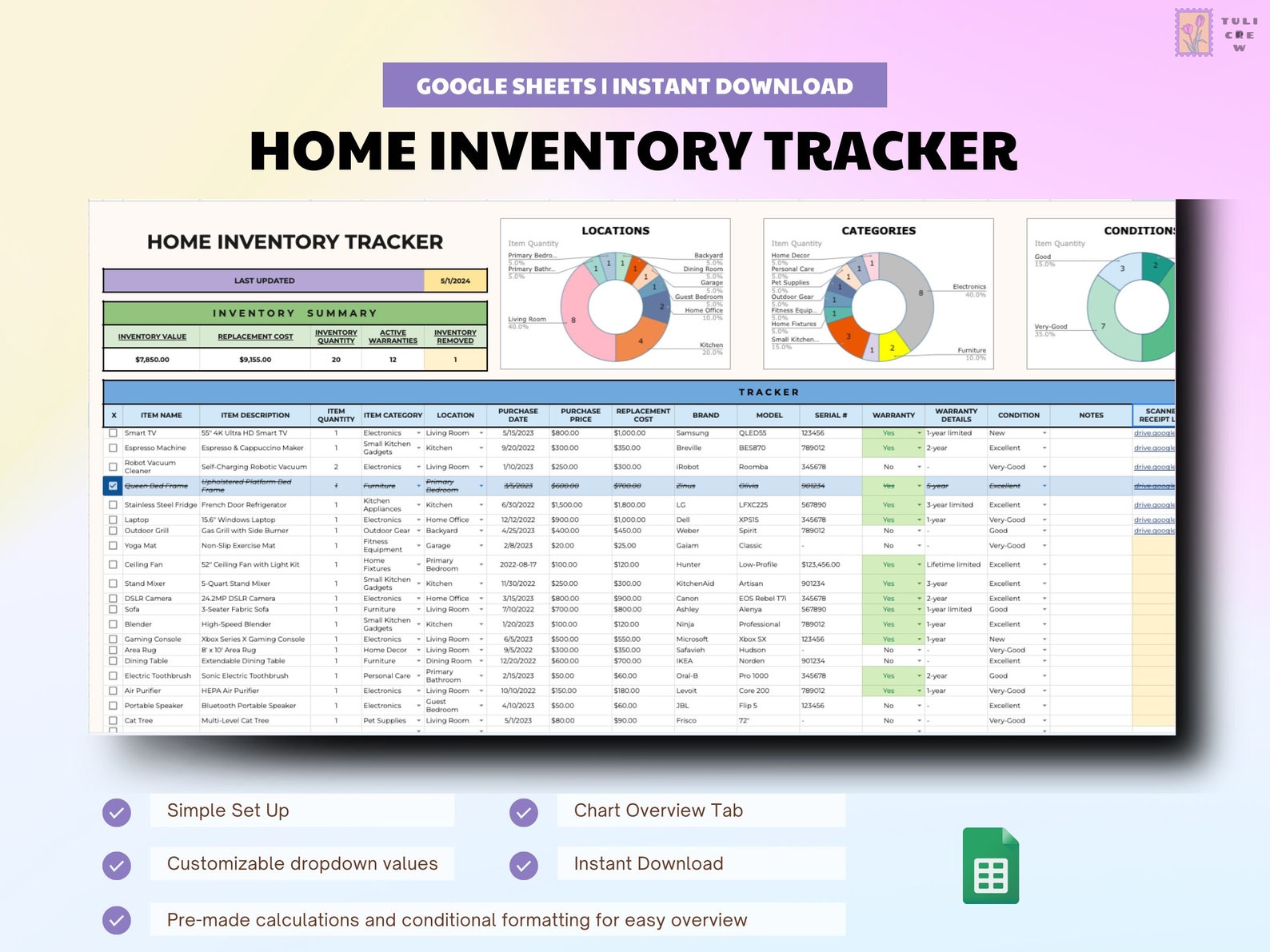 Home Inventory Spreadsheet, Home Inventory Checklist, Home Inventory ...