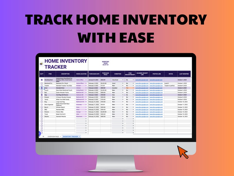 Home Inventory Spreadsheet, Home Inventory Checklist, Home Inventory ...