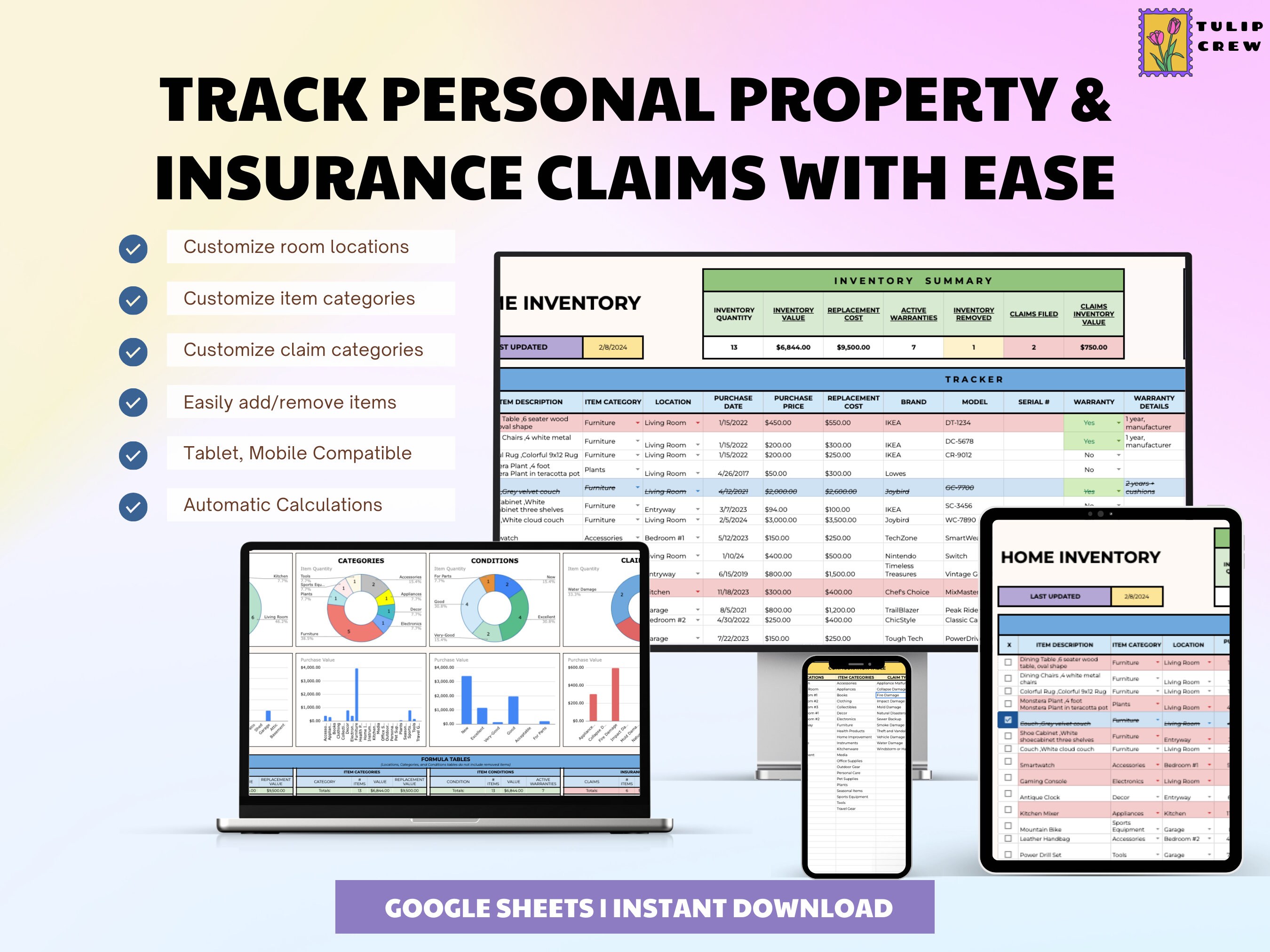 Personal Property Insurance Tracker, Personal Property Spreadsheet ...