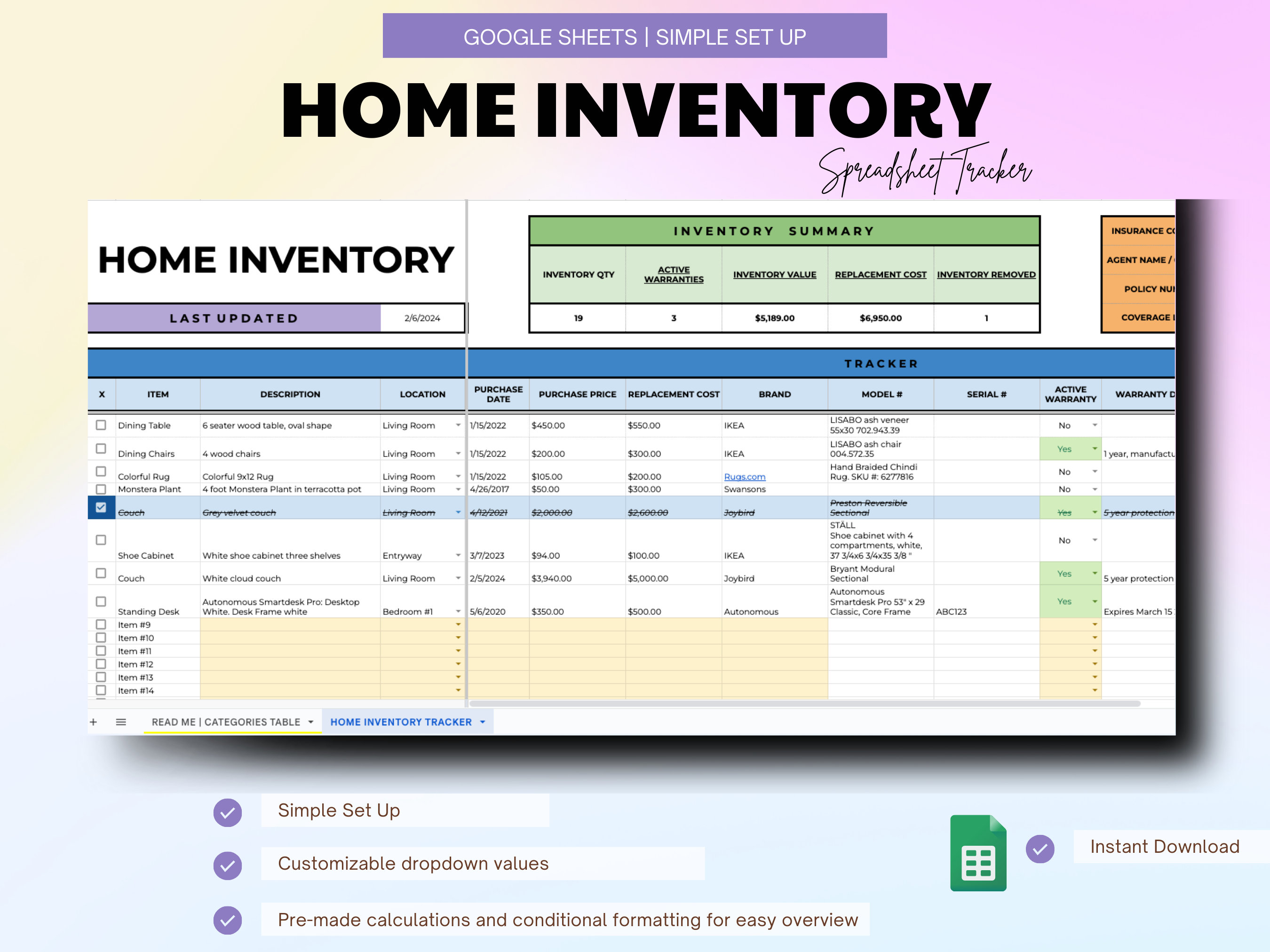 Home Inventory Spreadsheet, Home Inventory Checklist, Home Inventory ...