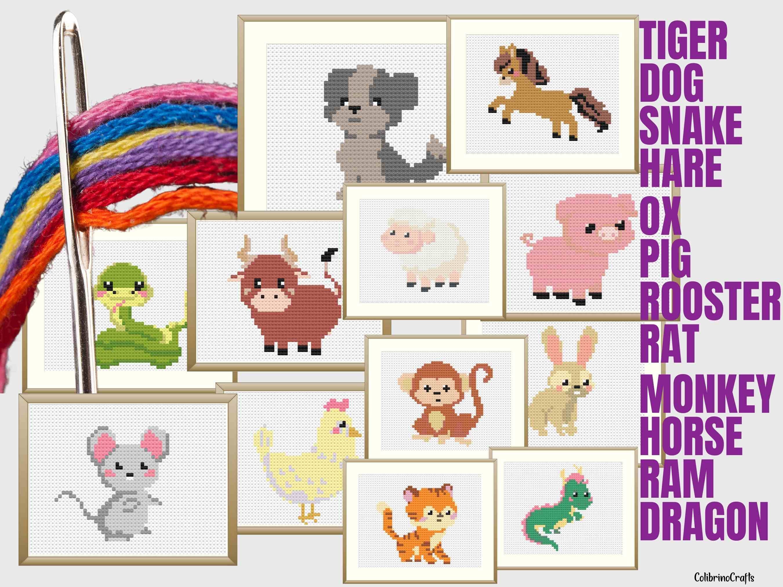Cute Chinese Zodiac BUNDLE 12 Signs Easy Cross Stitch Pattern Printable ...