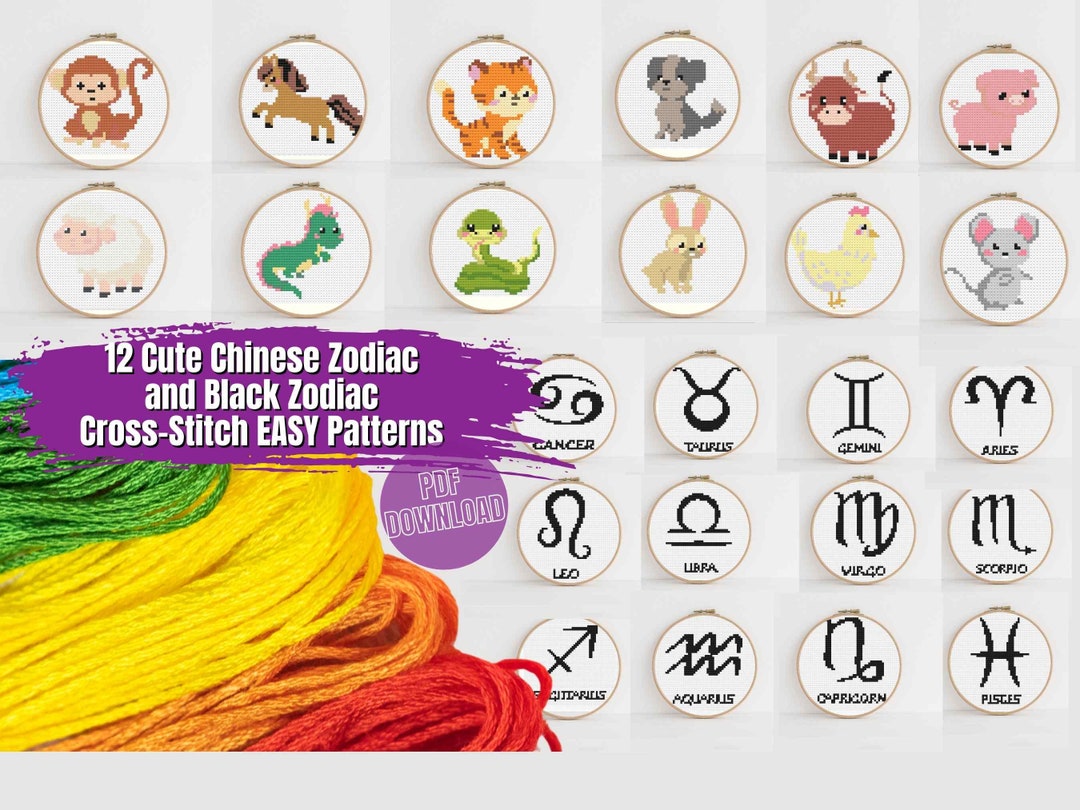 Easy Zodiac BUNDLE Counted Cross Stitch Pattern 2-7 Colors 12 Black ...