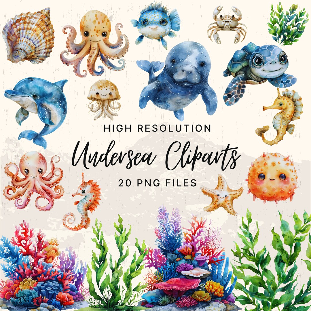 Watercolor Under the Sea Clipart, Cute Baby Animals Clip Art, Nursery ...