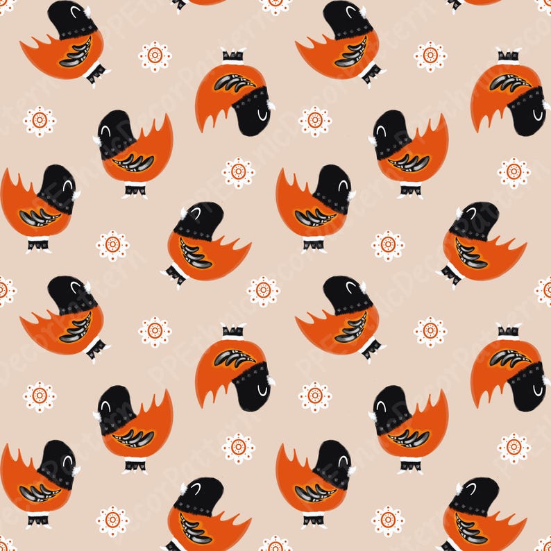 Baltimore Orioles Bird Seamless Pattern PNG, Folk Art Bird Animal ...