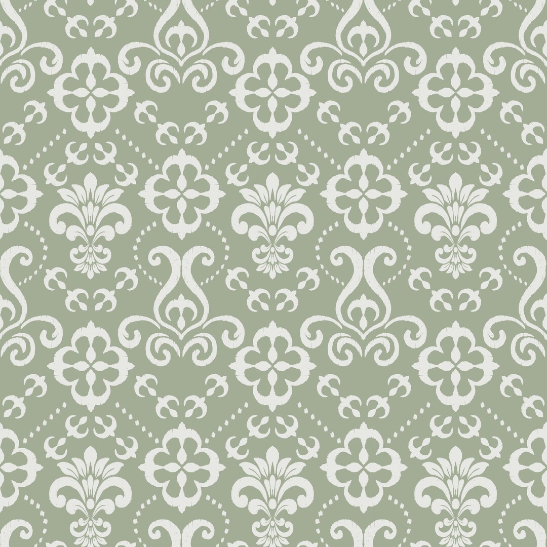 Contemporary Green Classic Ikat Damask Motif Seamless Pattern, Ikat ...