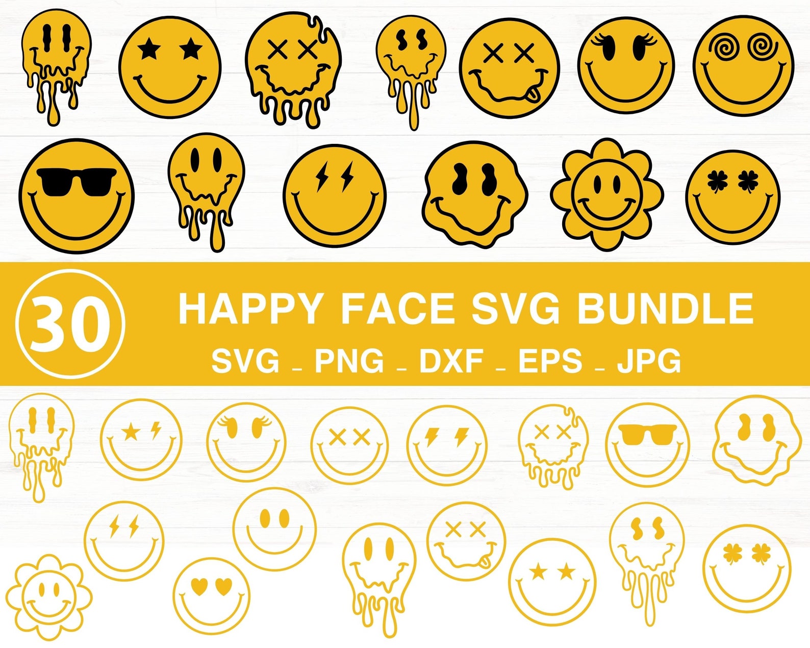 30 Happy Face Svg, Smiley Face Bundle, Groovy Svg, Melting Face Svg ...