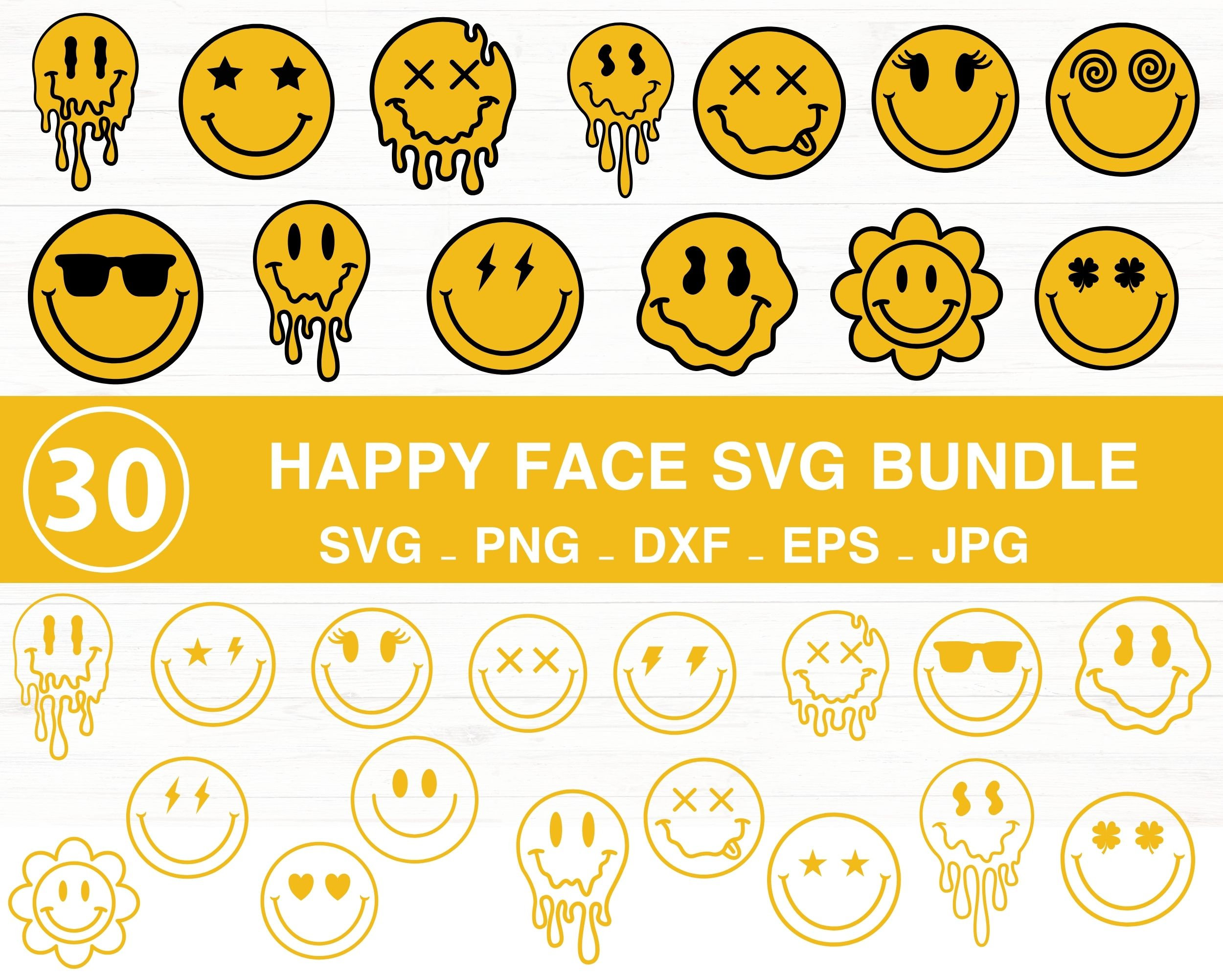 30 Happy Face Svg, Smiley Face Bundle, Groovy Svg, Melting Face Svg ...