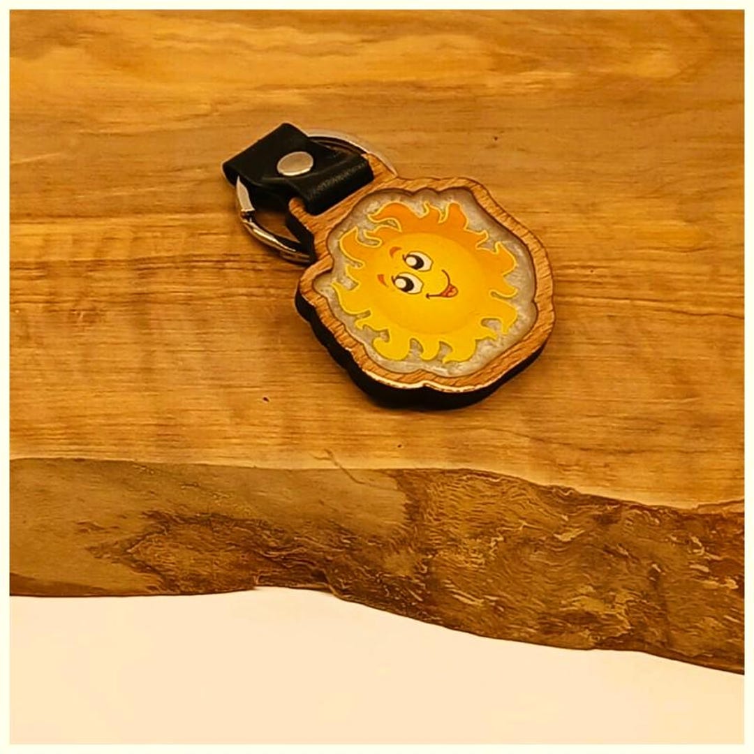 Sun Wooden Keychain | Handmade, Epoxy Coated, Genuine Leather Strap ...