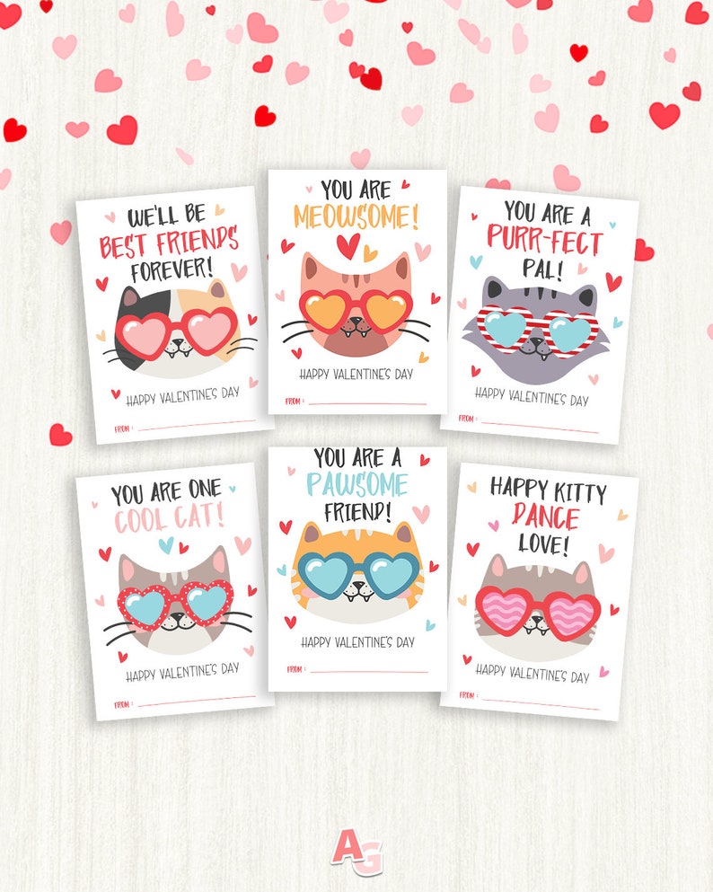 12 Printable Cat Valentine's Day Cards, Classroom Valentine's Day Cards ...