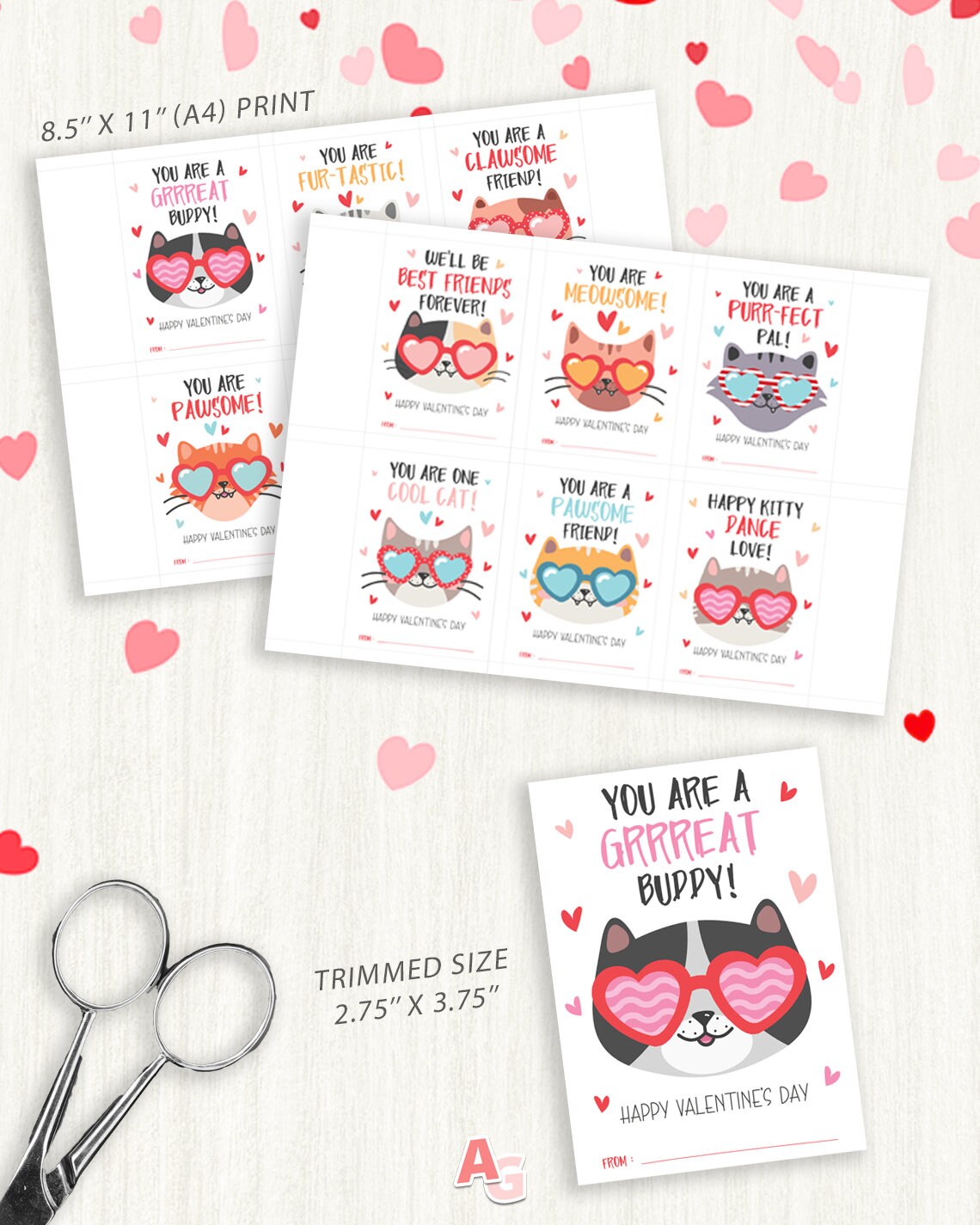 12 Printable Cat Valentine's Day Cards, Classroom Valentine's Day Cards ...