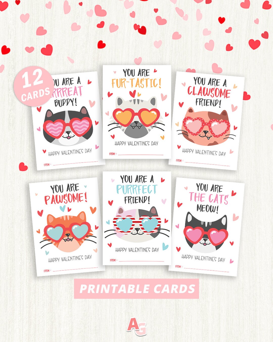 12 Printable Cat Valentine's Day Cards, Classroom Valentine's Day Cards ...
