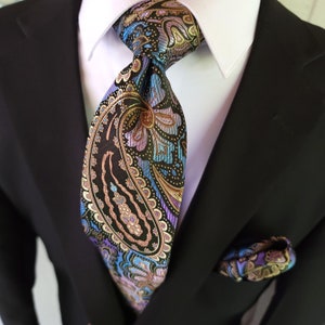 Brown Colorful Paisley Silk Tie Pocket Square Cufflink Set - Etsy