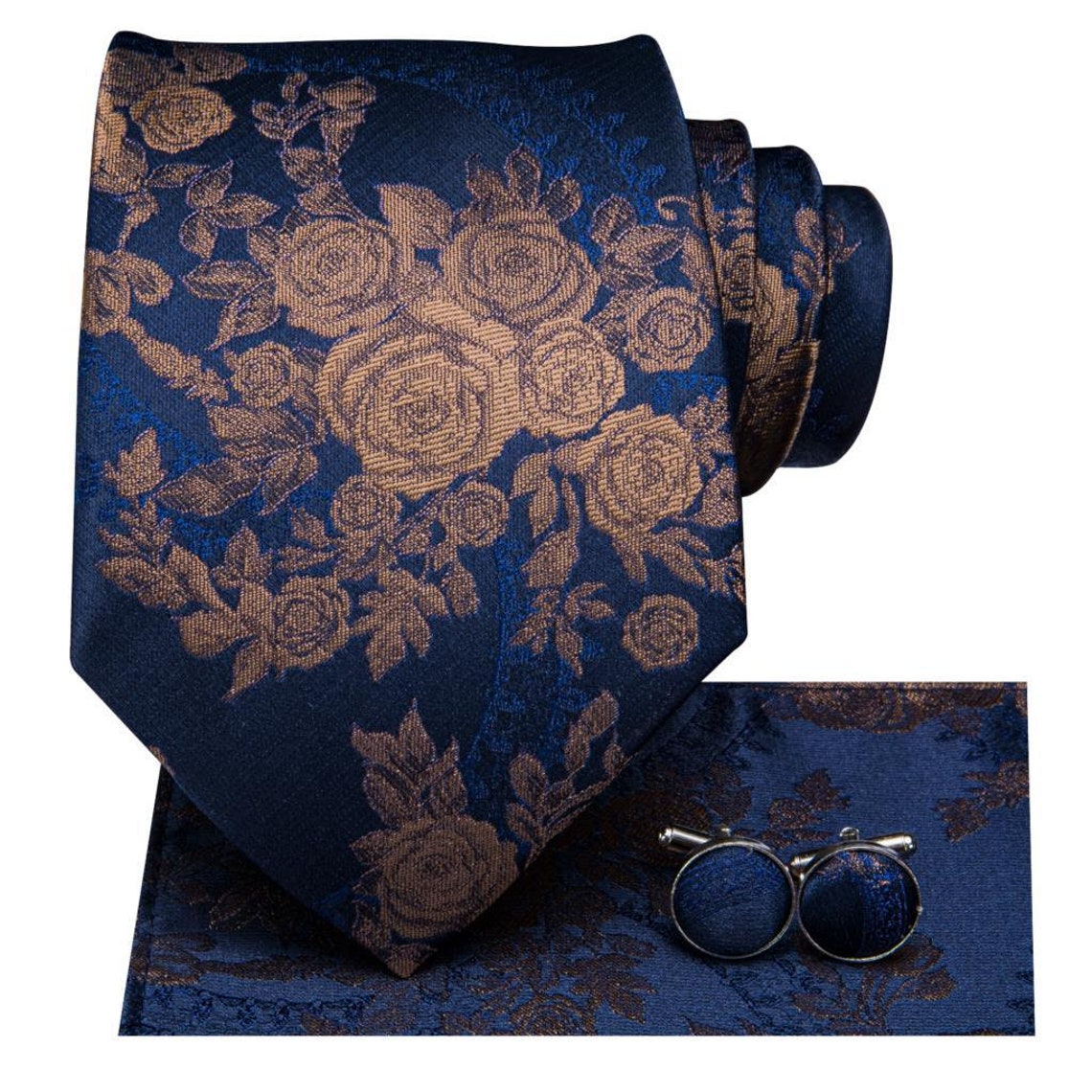 Navy Blue Brown Floral Silk Tie Pocket Square Cufflink Set - Etsy