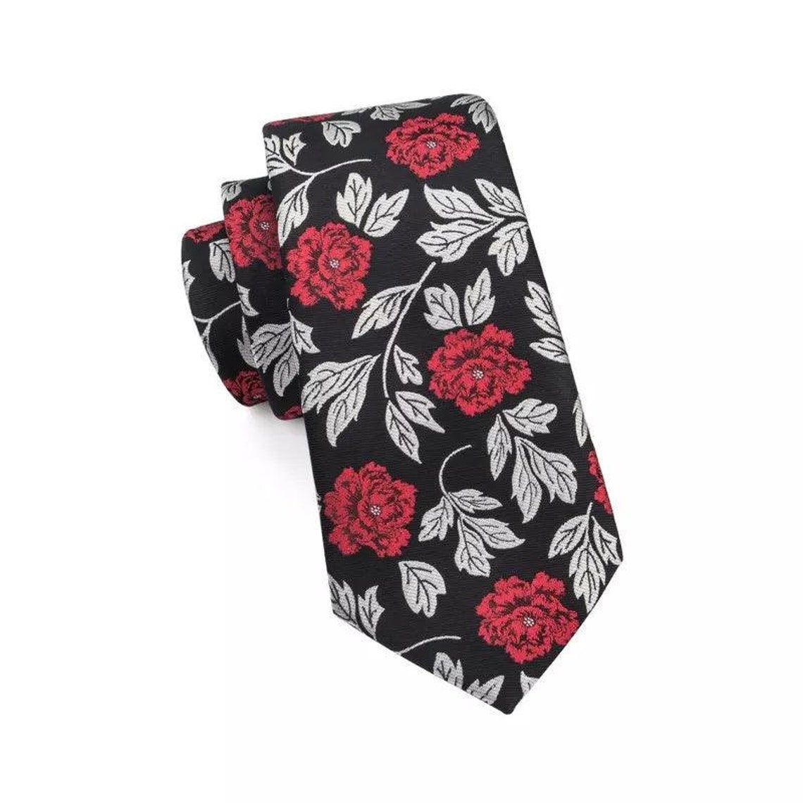 Silk Black Red Floral Tie Set of Pocket Square and Cufflinks - Etsy
