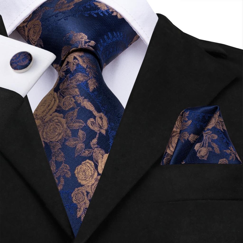 Navy Blue Brown Floral Silk Tie Pocket Square Cufflink Set - Etsy
