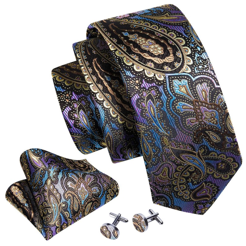 Brown Colorful Paisley Silk Tie Pocket Square Cufflink Set - Etsy