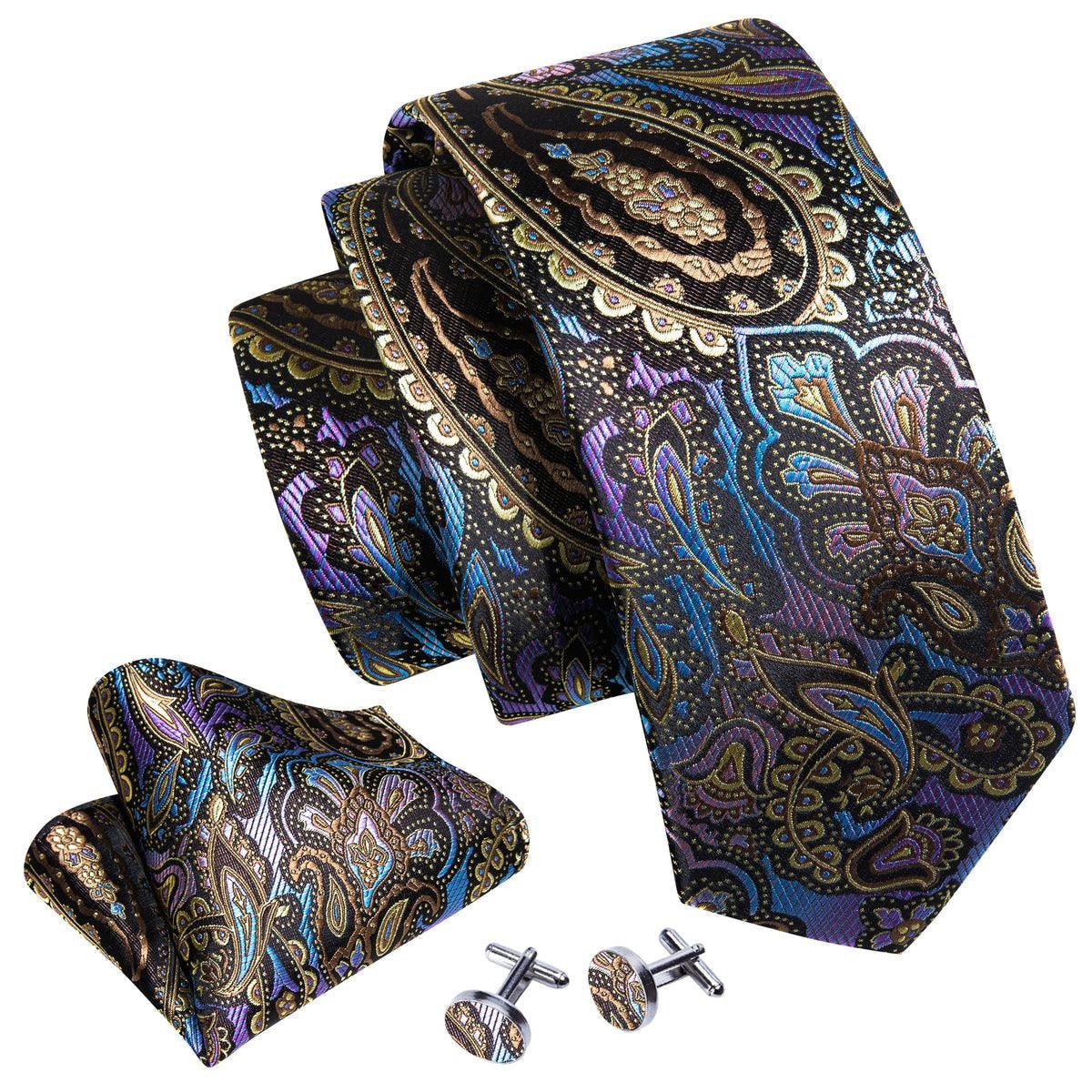 Brown Colorful Paisley Silk Tie Pocket Square Cufflink Set - Etsy