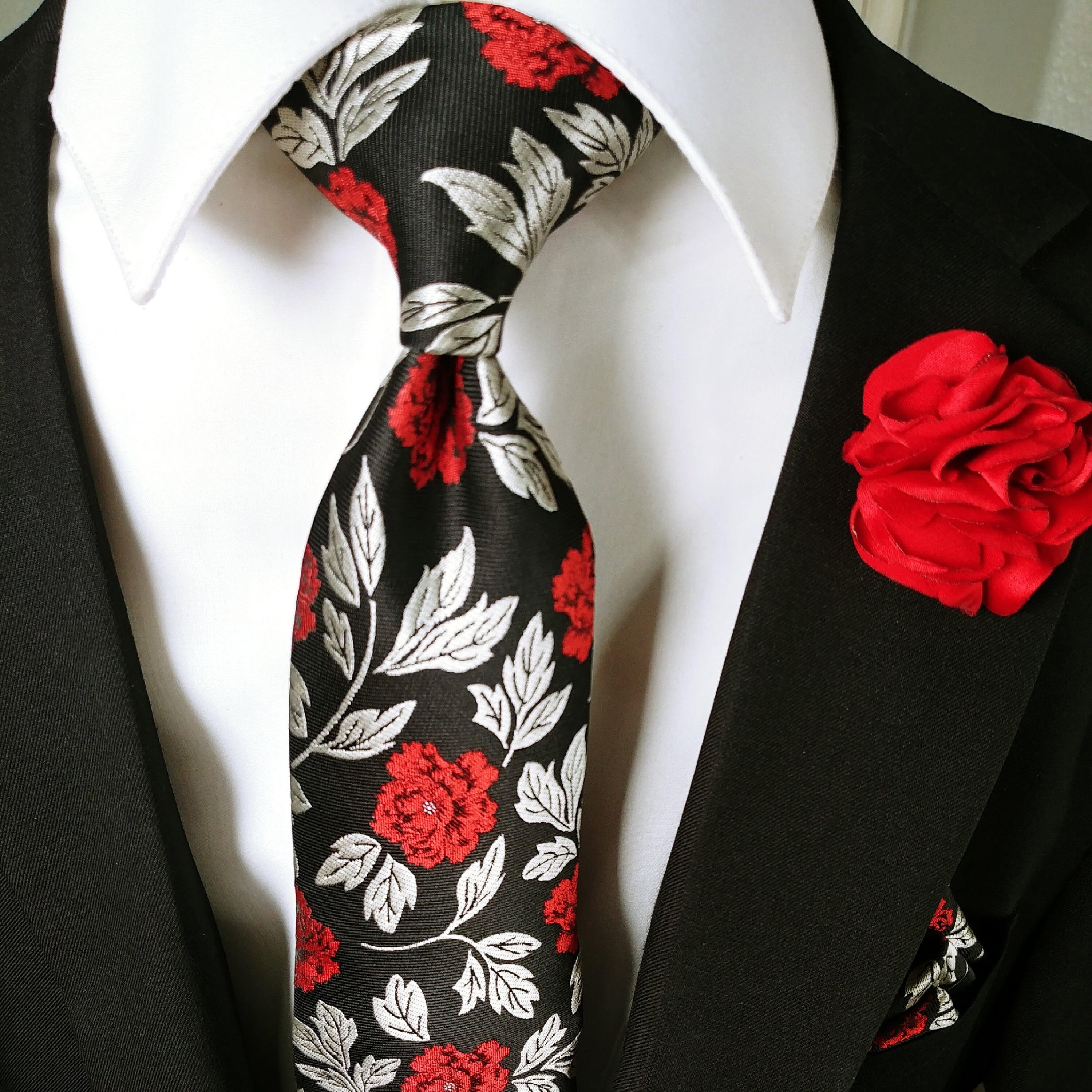 Silk Black Red Floral Tie Set of Pocket Square and Cufflinks - Etsy