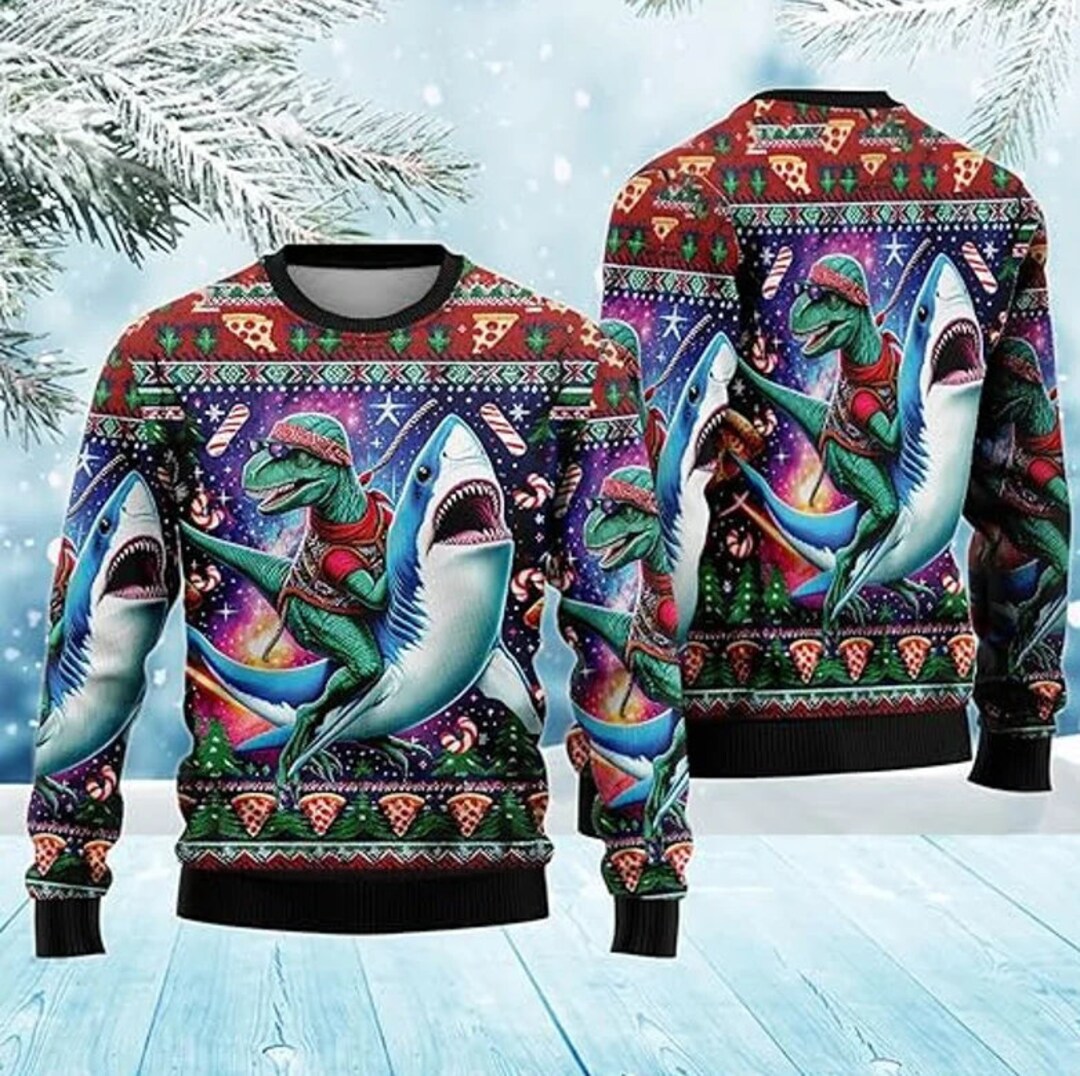 Dinosaur Riding Shark Christmas Ugly Sweater Dinosaur Ugly - Etsy
