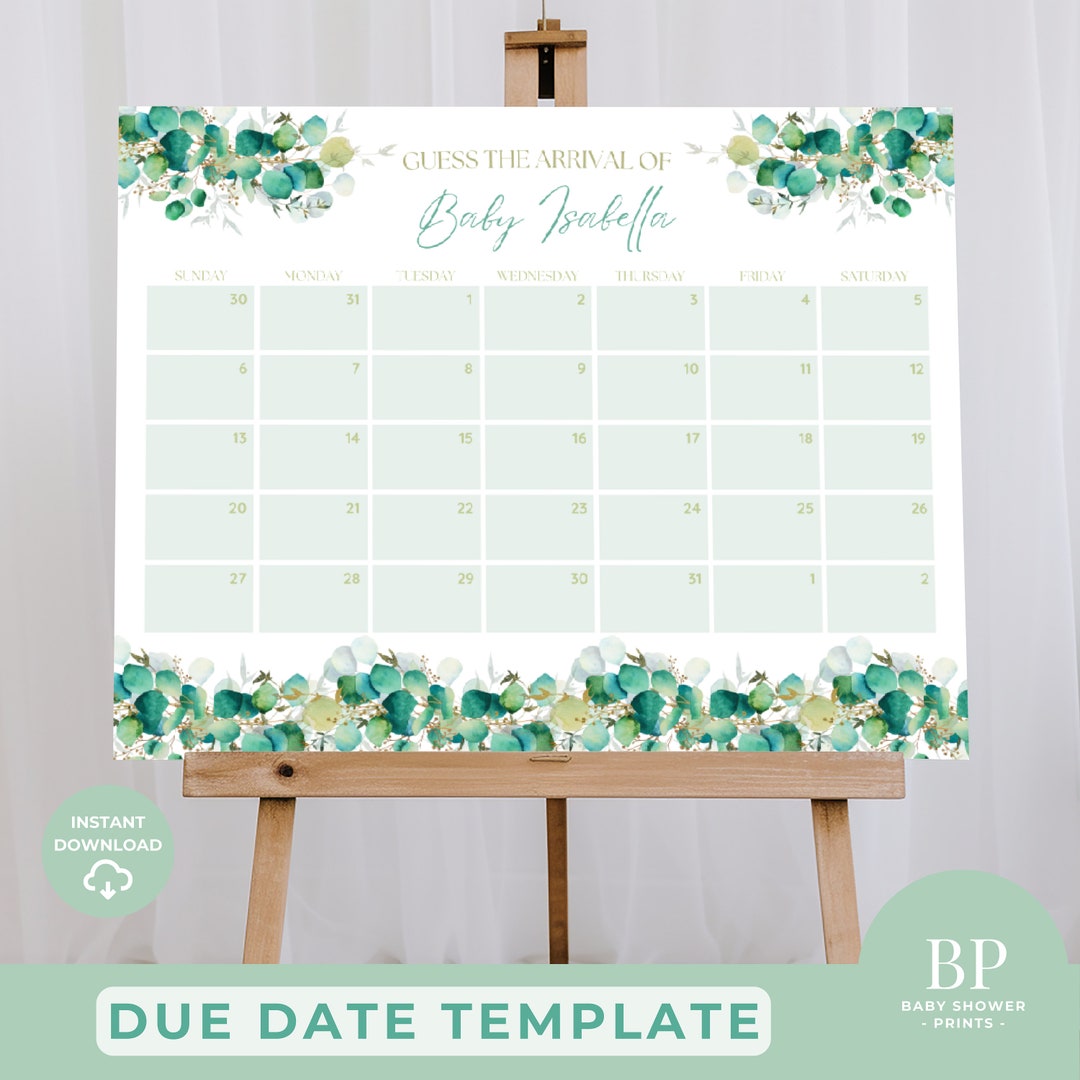 Sage Green Baby Shower Due Date Calendar, Baby in Bloom Decor, Neutral ...