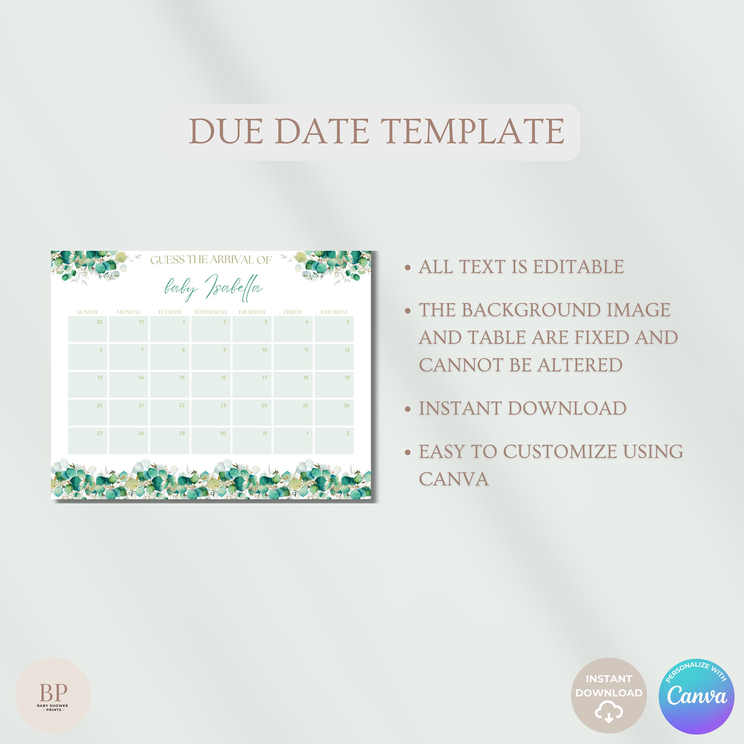 Sage Green Baby Shower Due Date Calendar, Baby in Bloom Decor, Neutral ...