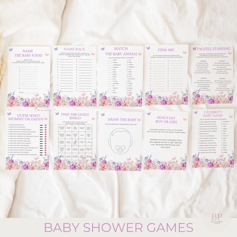 Butterfly Baby Shower Games Bundle: Purple Pink Floral (digital ...