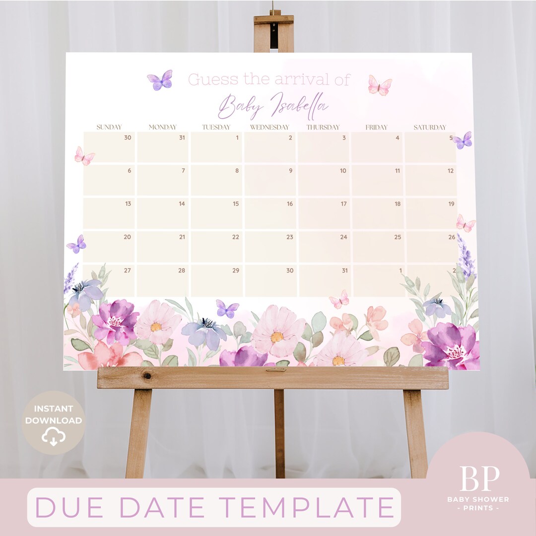 Butterfly Baby Shower Due Date Calendar, Baby in Bloom Decor, Girl ...