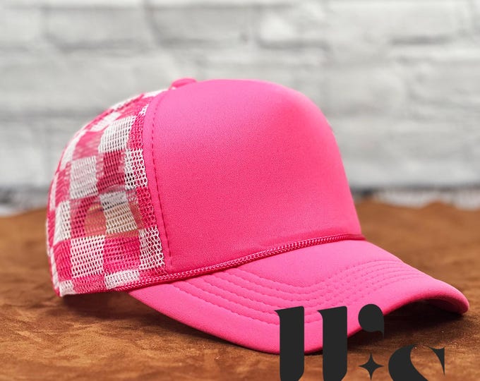 Hot Pink and White Checkered Mesh Back Cap Cap, Hat, Trucker Hat ...