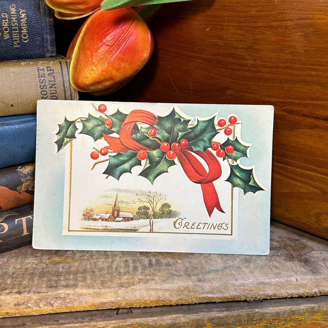 Antique 1913 Christmas Greetings Embossed Postcard Ephemera Holidays Holly Berries Church - Etsy