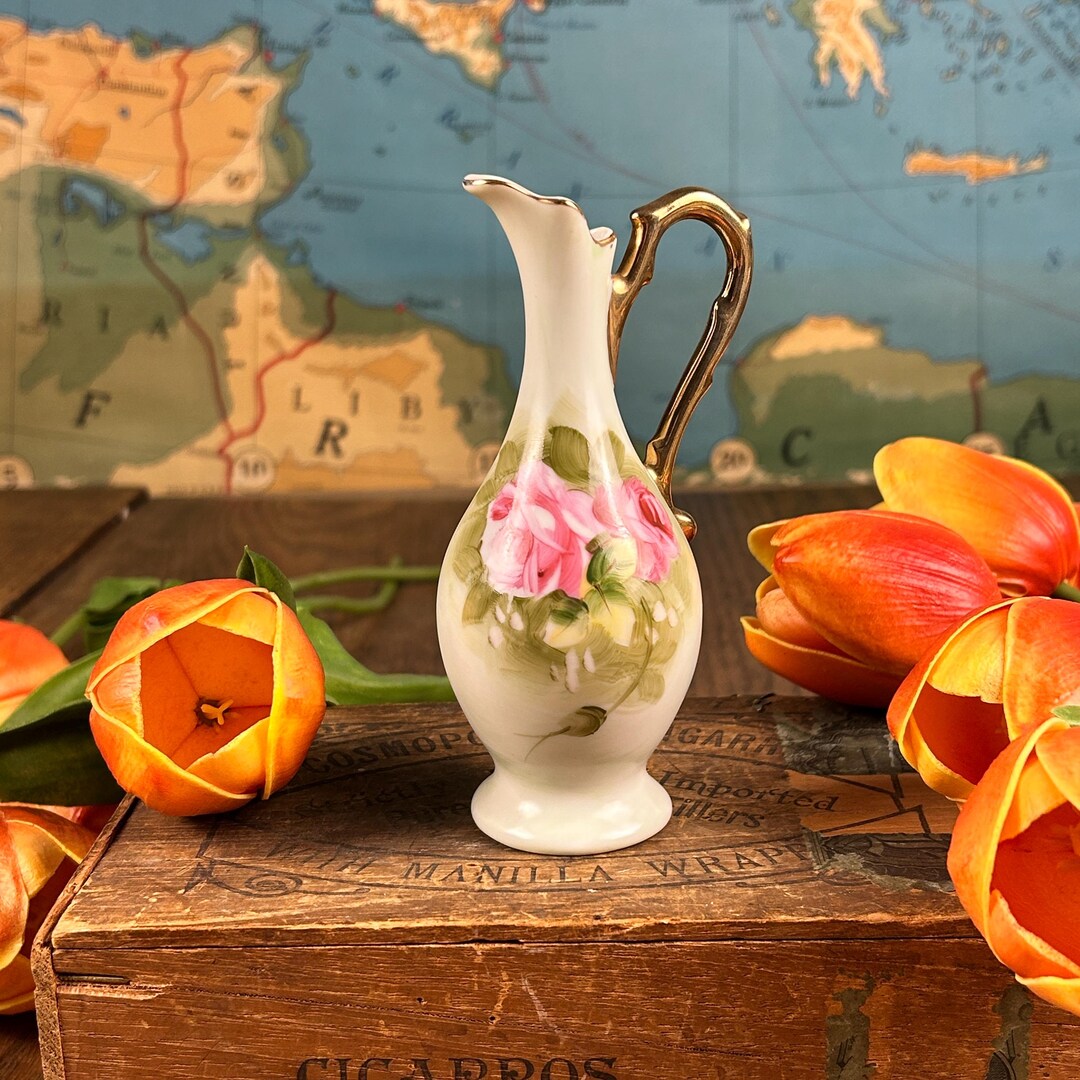Vintage Lefton Pitcher Bud Vase Gold Tone Trim Handle Hand Painted ...