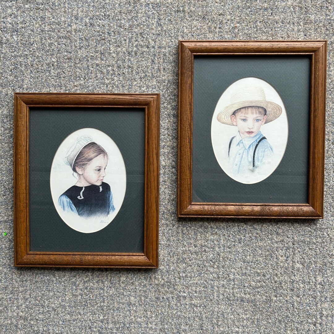 VTG Set of 2 1993 AMISH Art Prints Boy Girl Children Framed Alice Faye ...