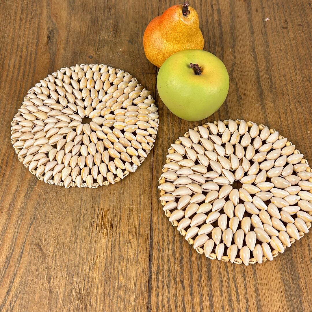 Vintage 1970s Pair Cowrie Round Shell Trivet Hot Plate, Boho, Hippie ...