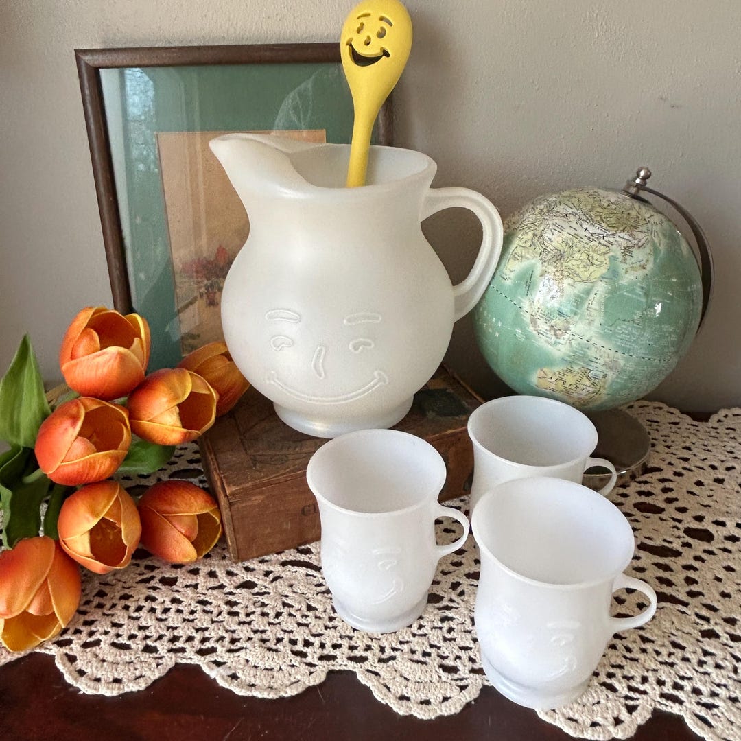 Vintage Kool Aid Pitcher Cup Set Plastic Vintage Kid Refreshment White ...