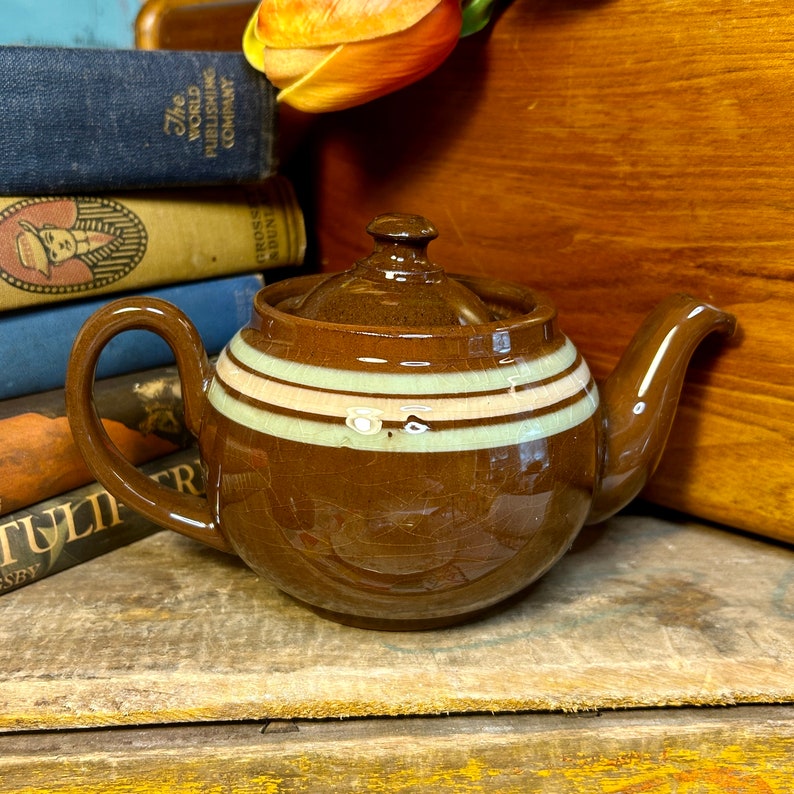 ABL Alcock Vintage Stoneware Pottery Tea Pot Striped Brown Betty ...