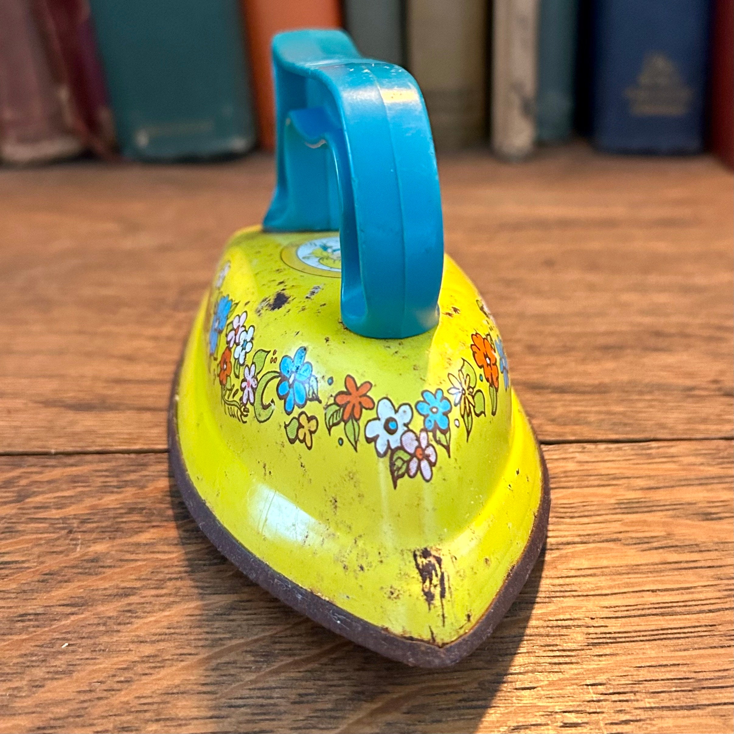 Vintage SUNNIE MISS Tin Metal Toy Iron Yellow W/ Blue Handle Pretend ...
