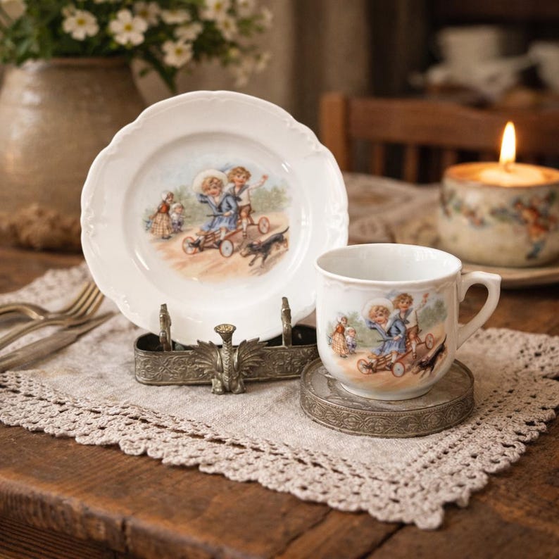 Antique Victorian “children on a Scooter Germany ” Cup and Matching ...