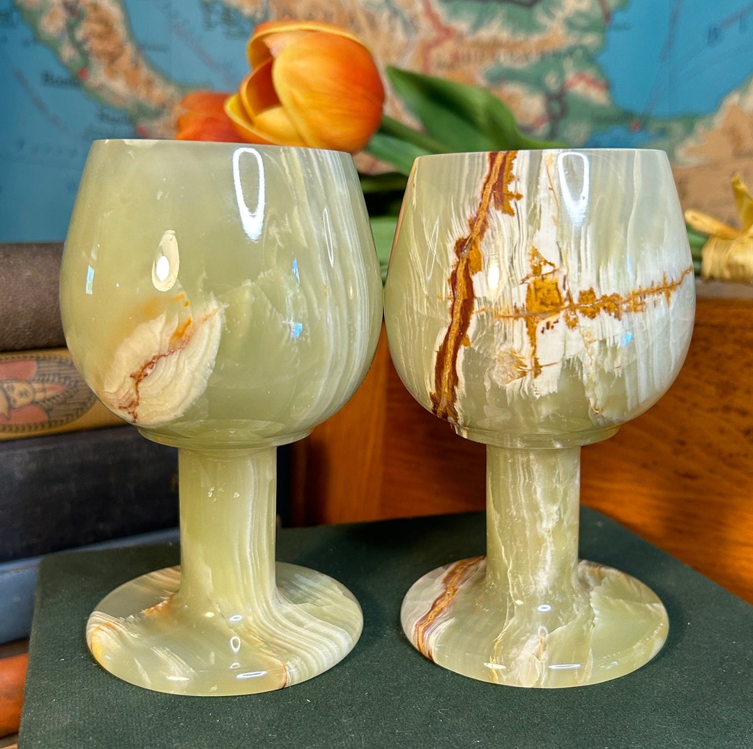 Banded Green White Brown Onyx Goblets With Silk Ligned Velvet Box ...