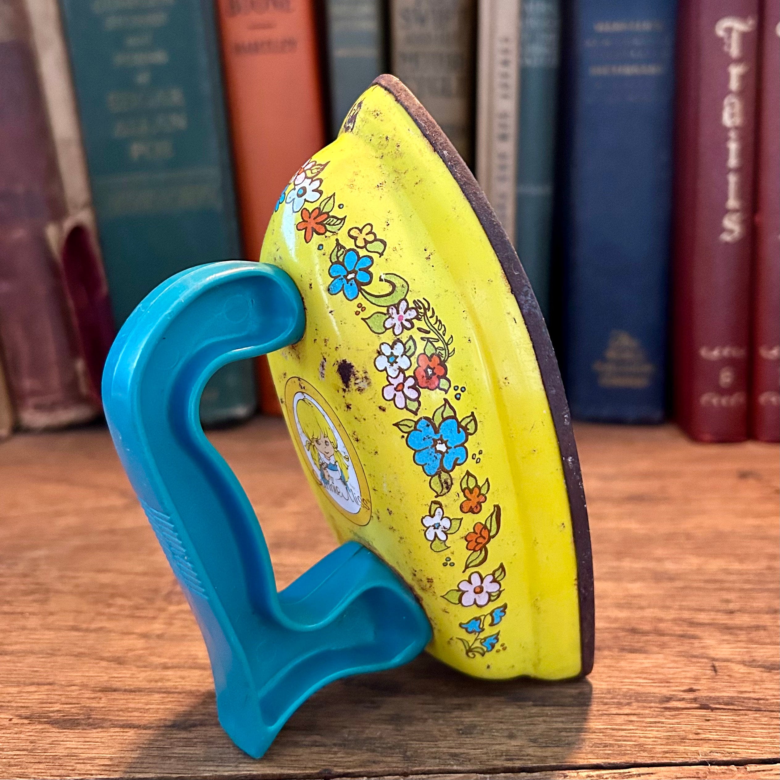 Vintage SUNNIE MISS Tin Metal Toy Iron Yellow W/ Blue Handle Pretend Play Girl Boy Granny Chic ...