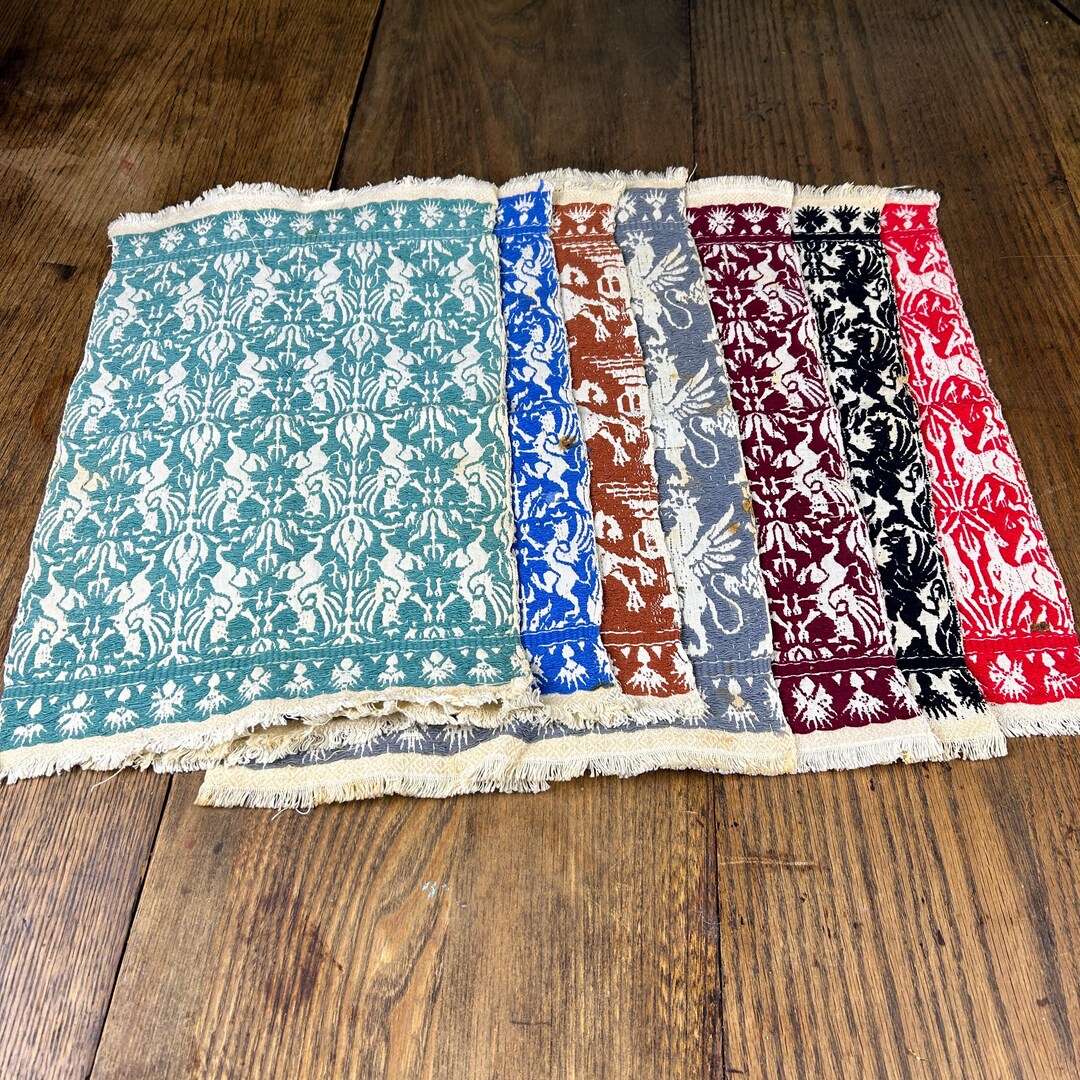 RARE Seven Antique Overshot Linsey Woolsey SAMPLE European Hand Woven ...