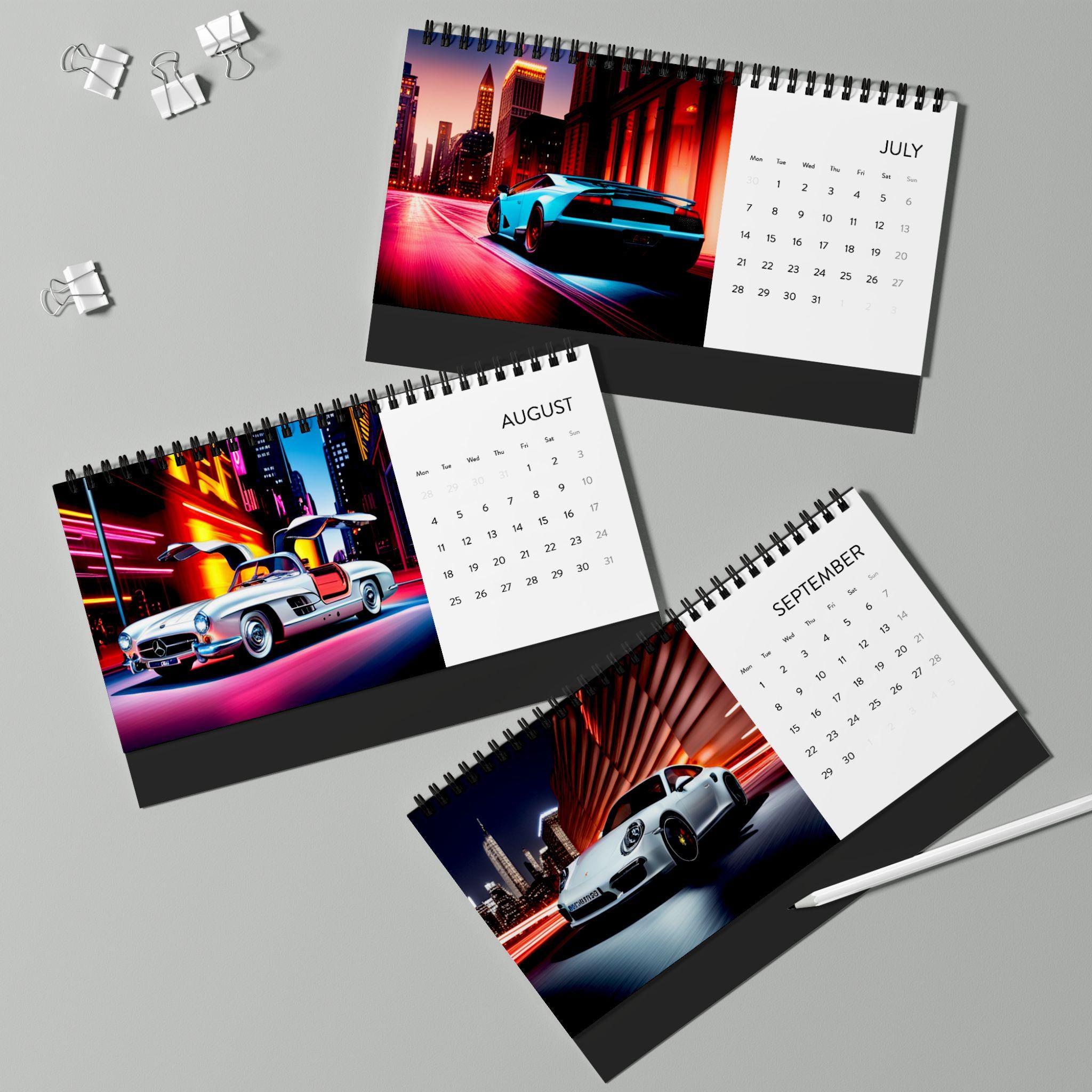 Classic Cars 2025 Calendar day Month Year Date 911 Lamborghini Mercedes ...